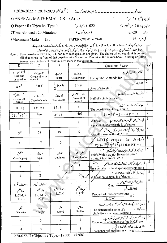 General Mathematics (Arts) 10th Class Lahore Board Past Paper Annual ...