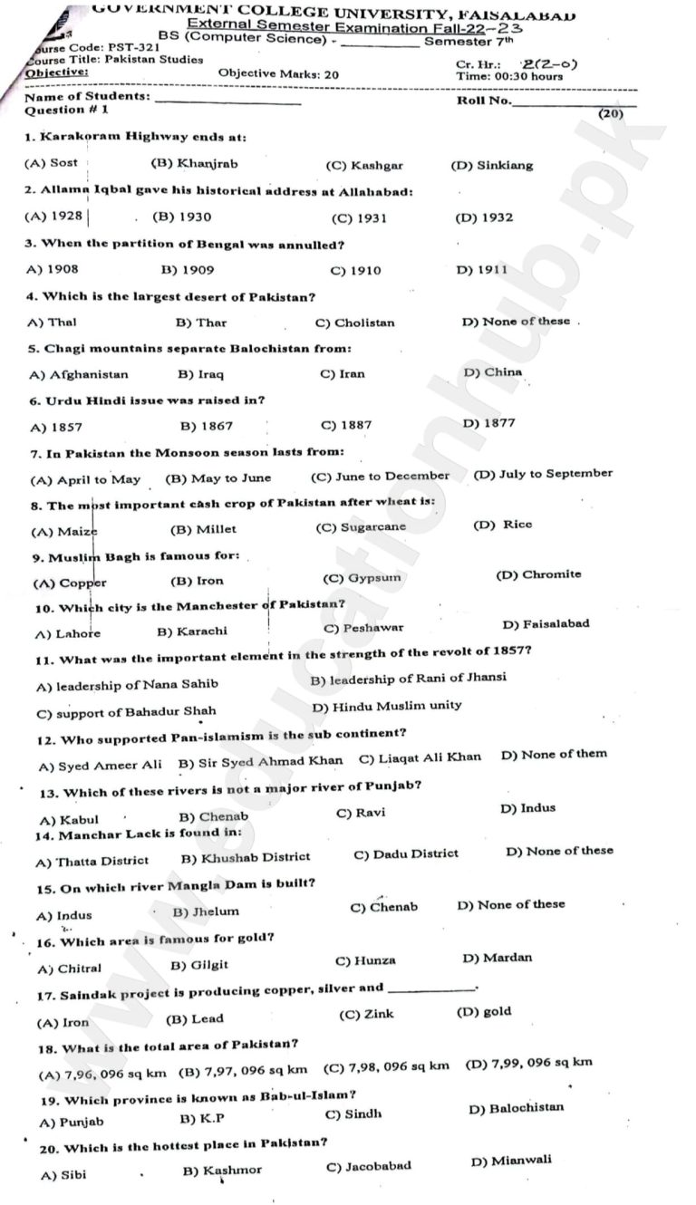 Pakistan Studies BSCS GCUF Past Paper 2023 – Education Hub Pakistan Studies BSCS GCUF Past Paper 2023 – Education Hub